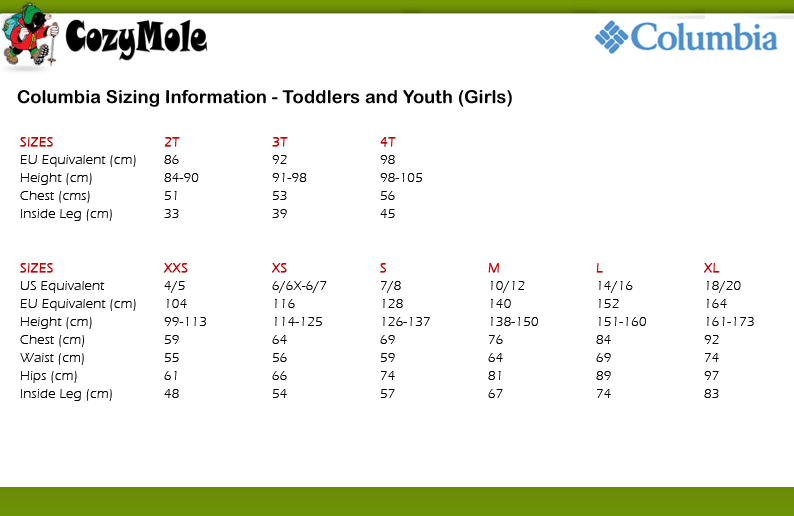 Columbia Sportswear Sizing Chart