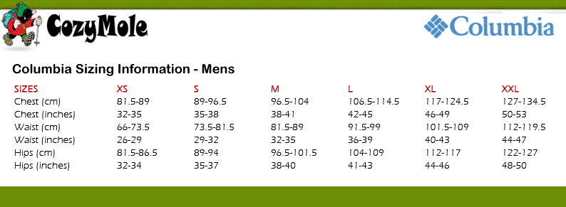 Columbia Sportswear Sizing Chart